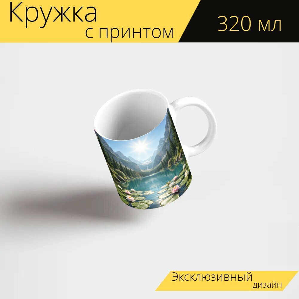 Кружка с рисунком, принтом "Горная долина с озером и кувшинками. Живописная альпийская панорама с бирюзовой гладью, хвойным лесом и высокими скалами. На переднем плане." 320 мл.
