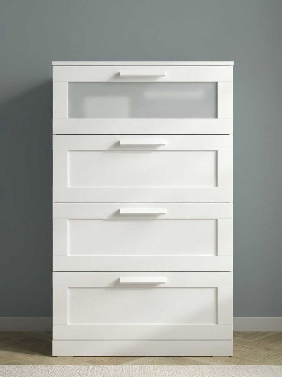 Комод Икеа Бримнес высокий, 4 ящика матовое стекло 78 x 124 см, скандинавский стиль, белый