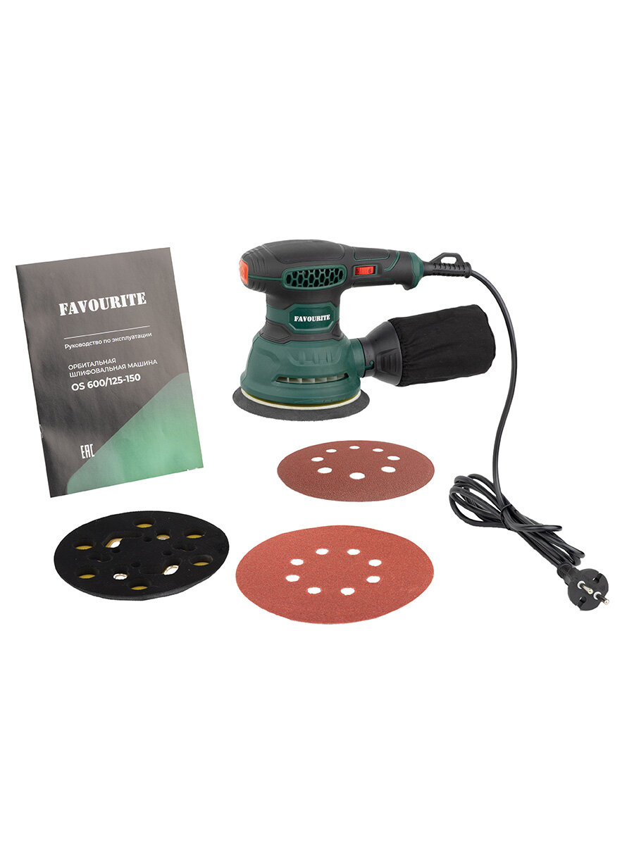 Шлифовальная машинка FAVOURITE OS 600/125-150 орбитальная , 600 Вт, подошва 125/150 мм, регулировка оборотов 6000-13000 об/мин, в комплекте: 2 подошвы, 2 шлифовальных листа, пылесборник