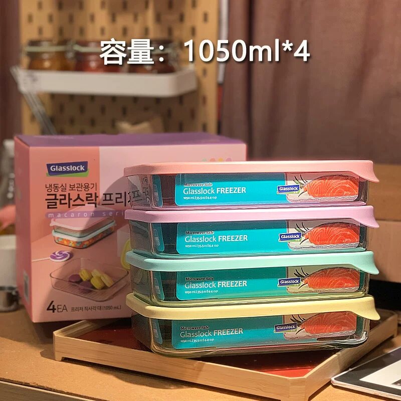 Glasslock серия Macaron 1050мл x4 прямоугольные контейнеры для морозилки и микроволновки с возможностью стекания