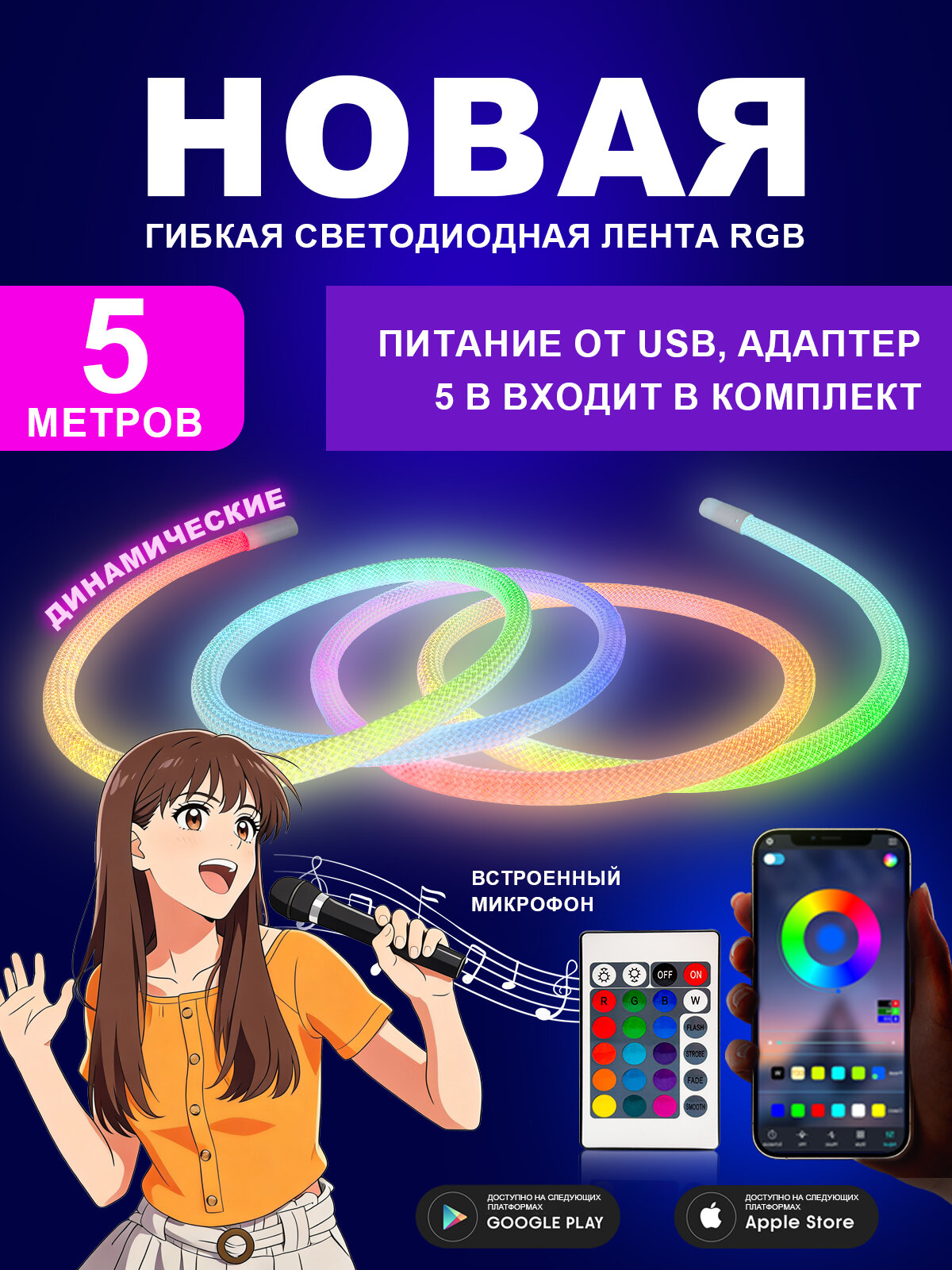 Новая гибкая RGB светодиодная лента 5М | usb-питание, музыка, АПП управление