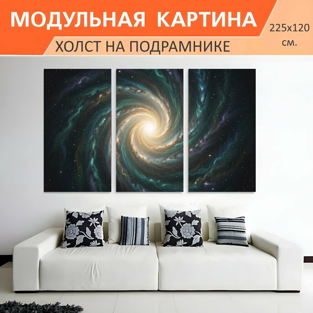 Модульная картина на холсте "Космическая спиральная галактика. Фантазийный космос с ярким светящимся ядром и закрученными." триптих на подрамнике 225х120 см. для интерьера