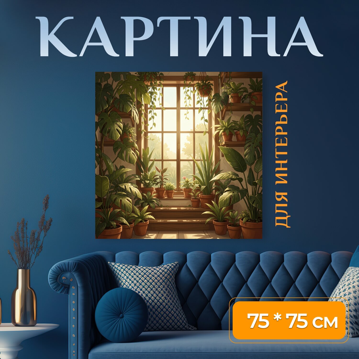 Картина на холсте "Уютная оранжерея у окна. Солнечный интерьер с множеством комнатных растений, свисающими лианами и глиняными горшками у." на подрамнике 75х75 см. для интерьера