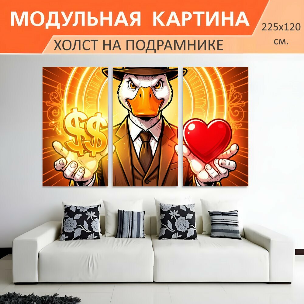 Модульная картина на холсте "Утка в шляпе с символами. Смелый антропоморфный уткообразный герой в деловом костюме и шляпе, в руках." триптих на подрамнике 225х120 см. для интерьера