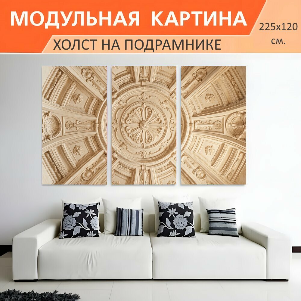 Модульная картина на холсте "Классический потолок с лепниной. Роскошная архитектурная отделка с симметричным орнаментом, объемными." триптих на подрамнике 225х120 см. для интерьера