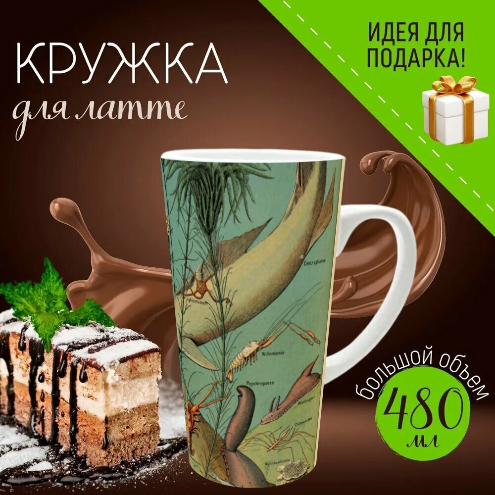 Кружка латте керамическая большая для чая и кофе с прикольным принтом "Fish Vintage Арт Принт Красивый набор различных видов рыб, морских обитателей, винтажный французский." 500 мл.