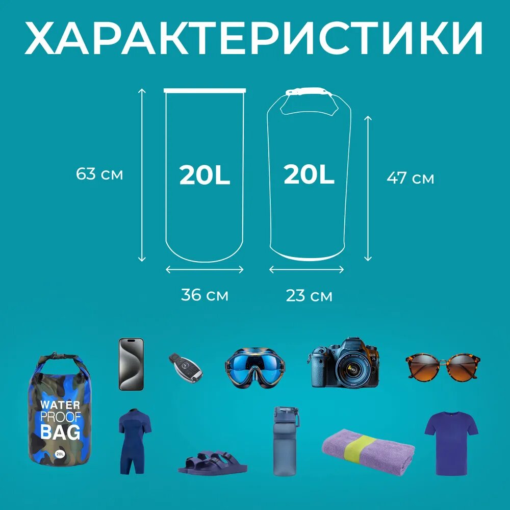 Гермомешок водонепроницаемый, объем: 20 л, для рыбалки, бассейна, туризма, пляжа — фото 1