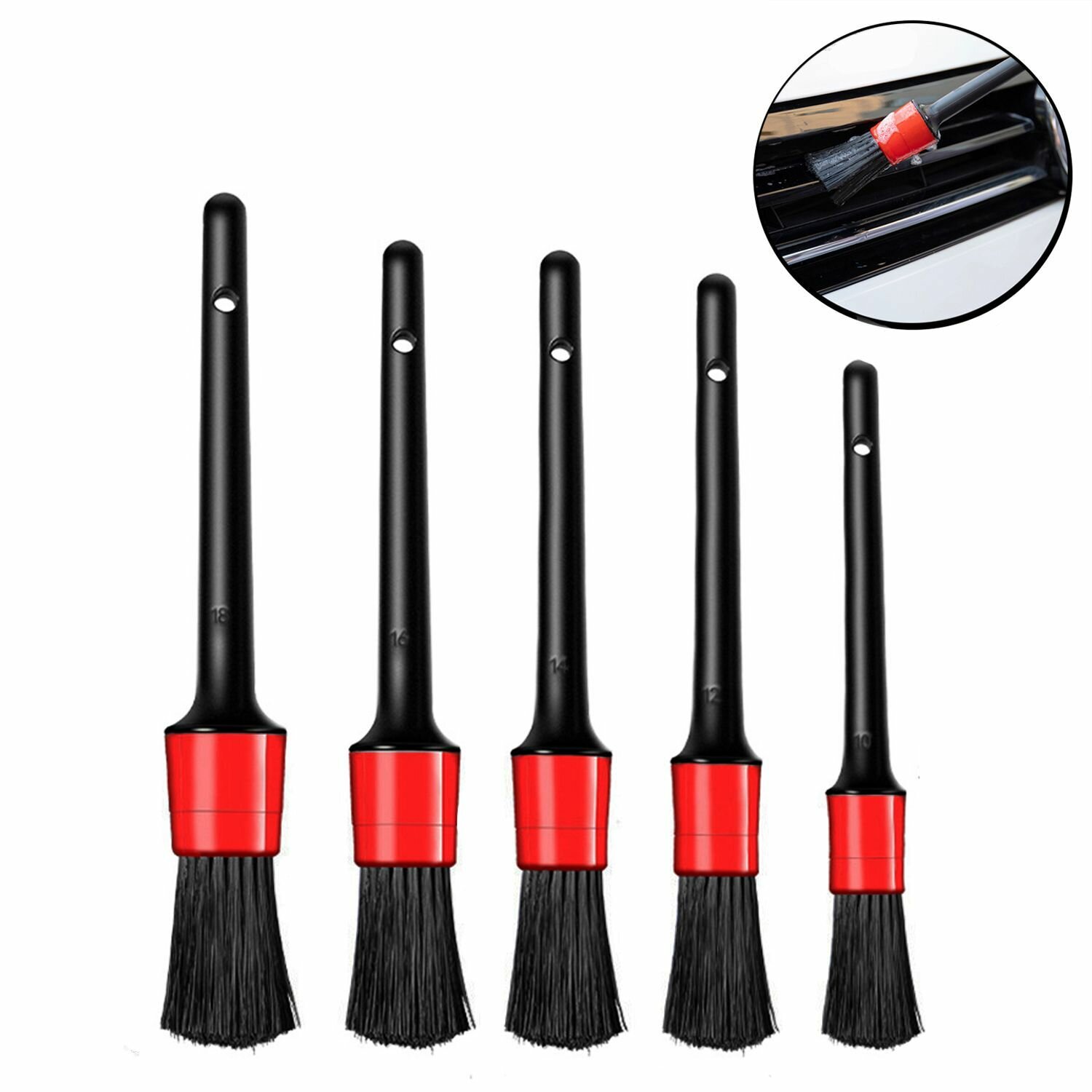Набор 5 кистей для детейлинга автомобиля — чистка щелей, узких мест и салона, средний ворс, с автохимией совместимы