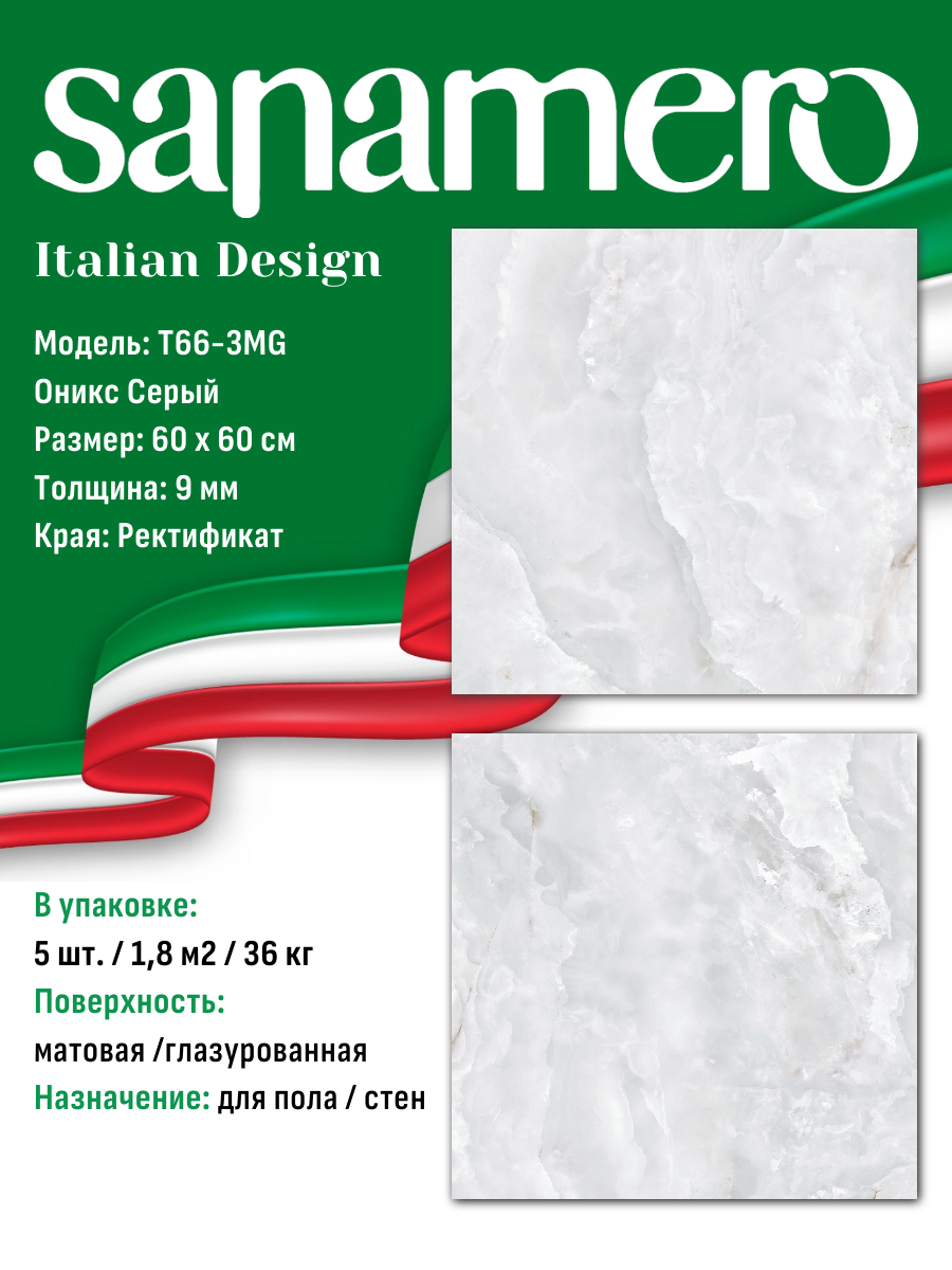 Керамогранит Sanamero Italian Design T66-3MG Оникс Серый, матовый/глазурованный (60 х 60 х 0,9 см) 1,8 м2, 5 шт/уп