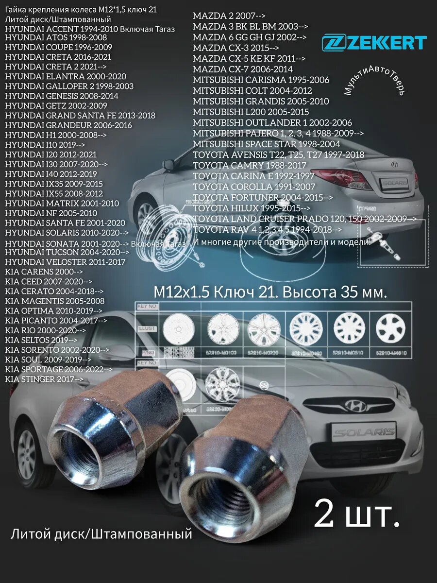 Гайка крепления колеса 2 шт. HYUNDAI-KIA M12х1.5х21