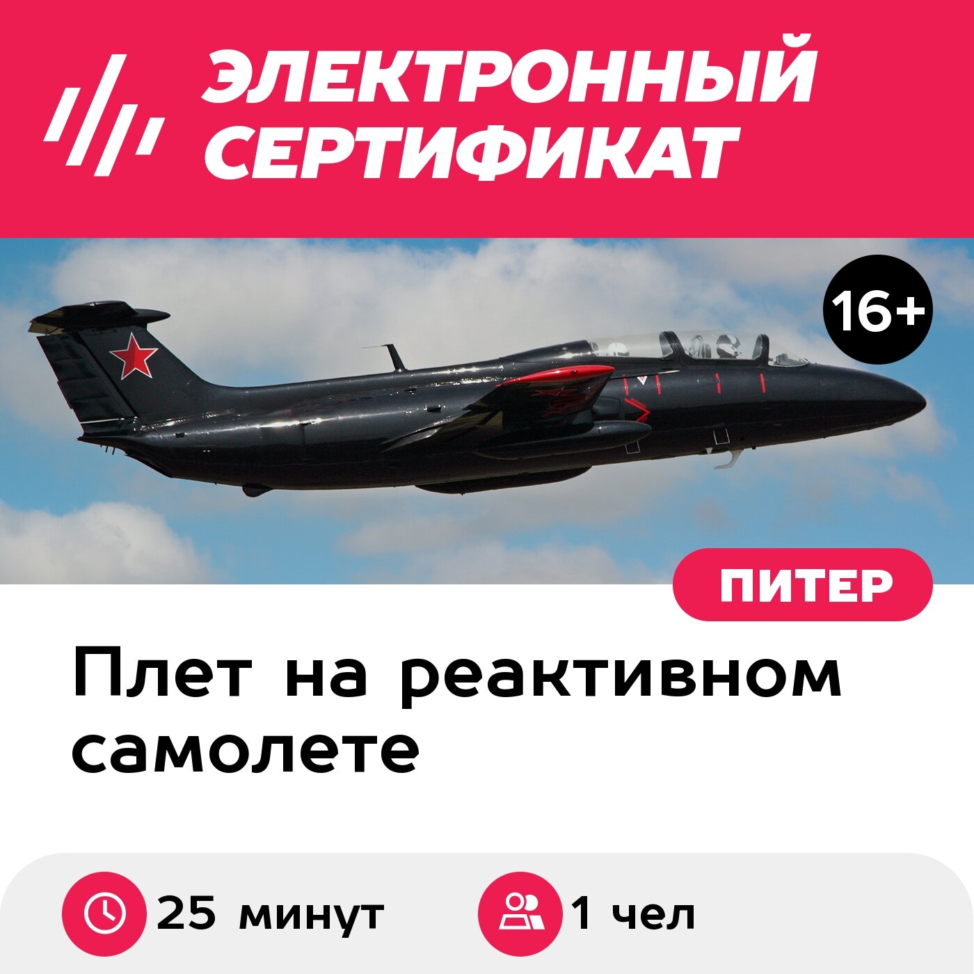 Подарочный сертификат Полет на реактивном самолете Л-29, 1 чел, место перед пилотом, 25 мин.