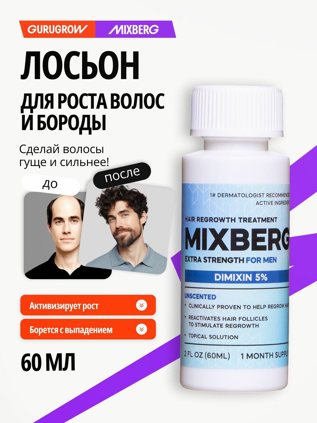 Mixberg, средство для роста волос и бороды, против выпадения, для мужчин, лосьон 5%, 60 мл, 1 флакон