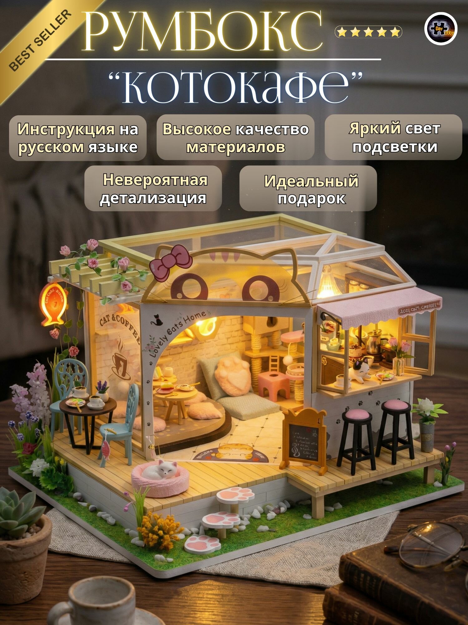 Румбокс. Интерьерный конструктор Mini House Hobby Day "Котокафе", M2111. Полностью русифицировано