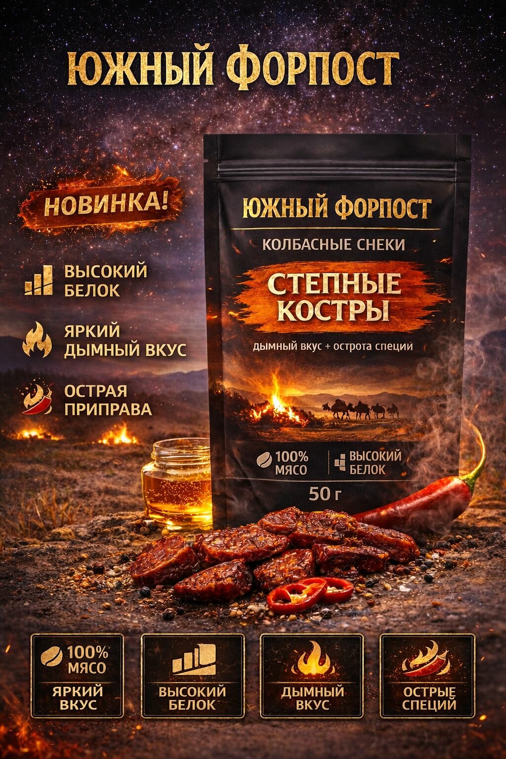 Колбасные снеки Южный Форпост "Степные Костры", копченая паприка, премиум, 50г