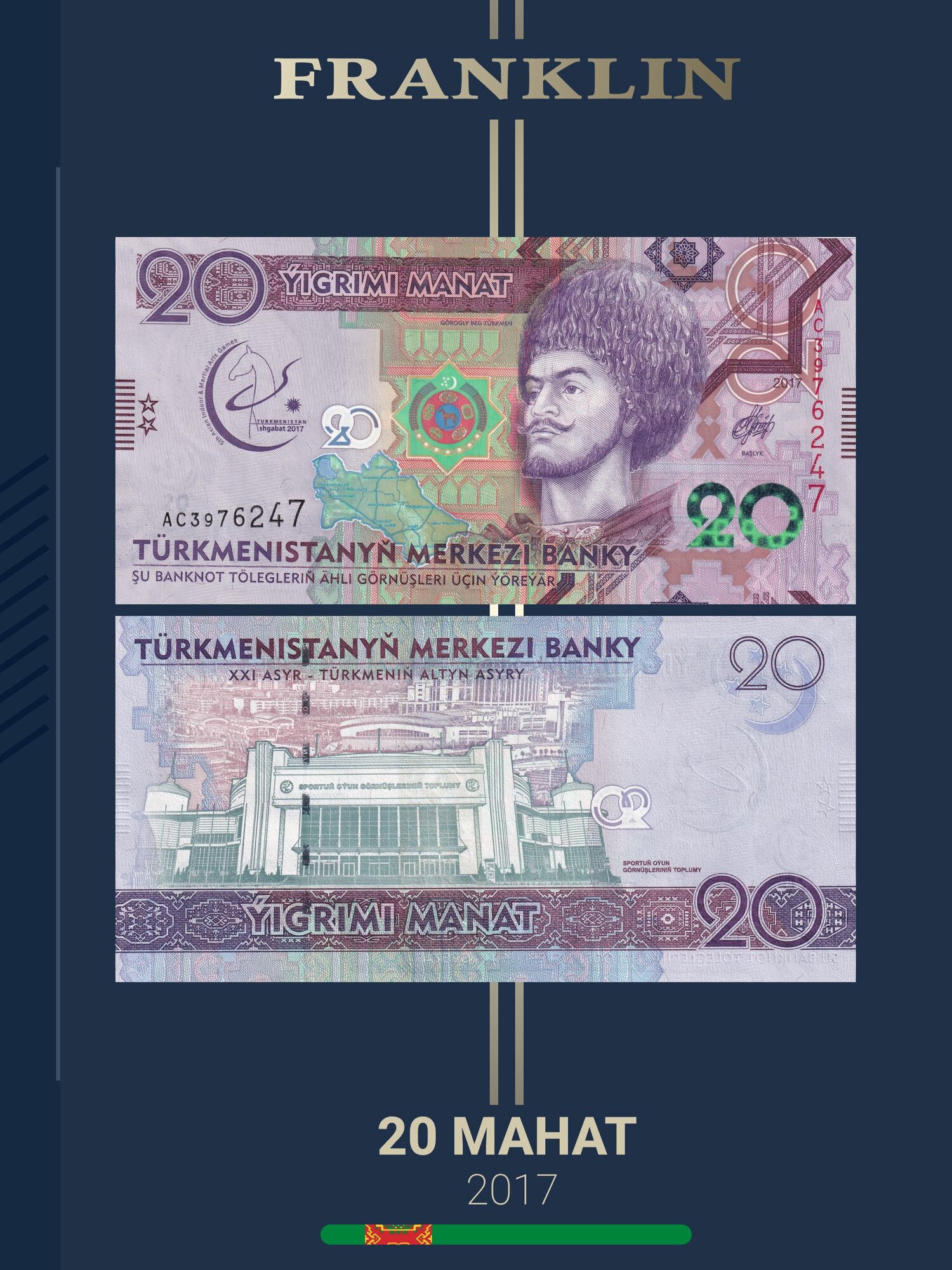 Банкнота Туркменистан 20 манат (серия 5-ые Азиатские игры по боевым искусствам и состязаниям в помещениях) 2017 год (UNC) Pick 39s