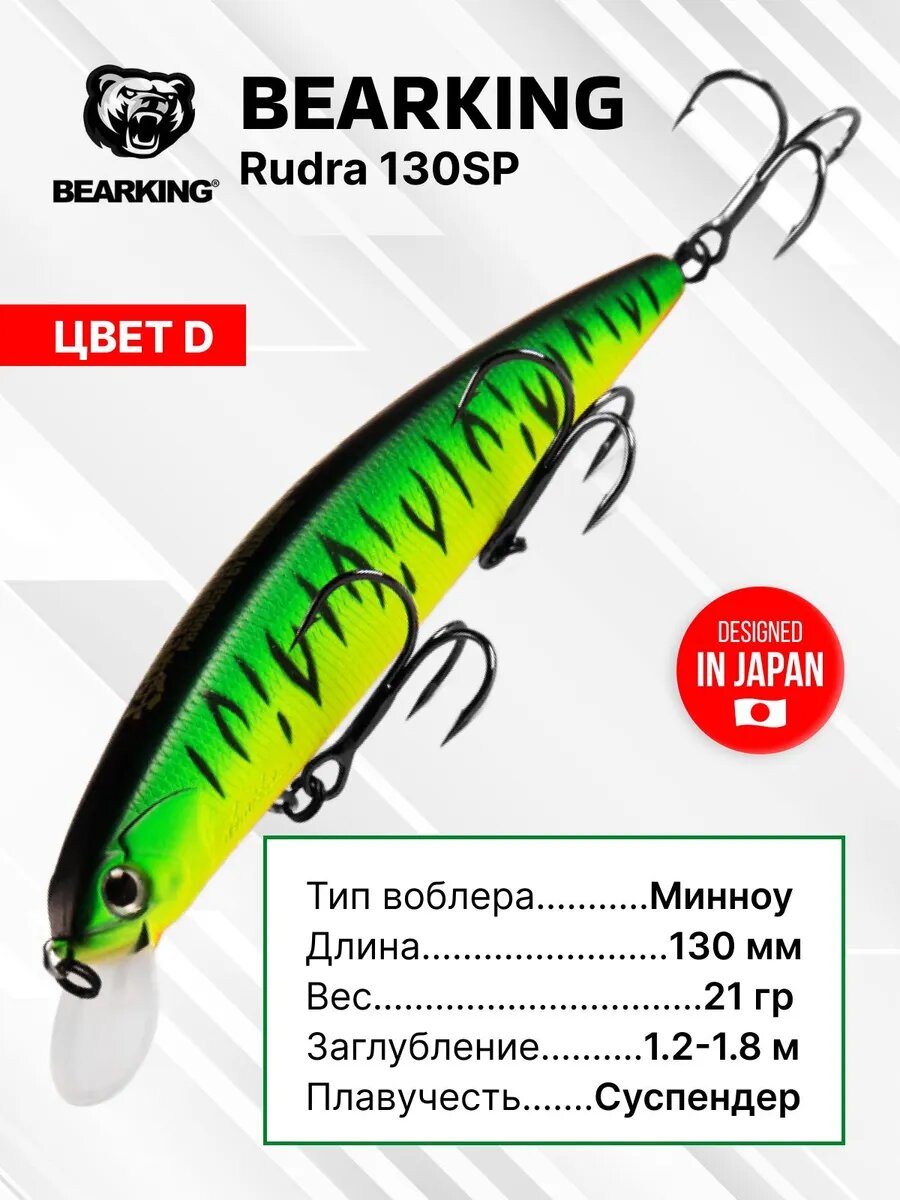 Воблер Bearking Rudra 130SP, цвет D /Mat Tiger/, (длина-130мм, вес-21гр, заглубление от 1,2 до 1,8м) для рыбалки на щуку.