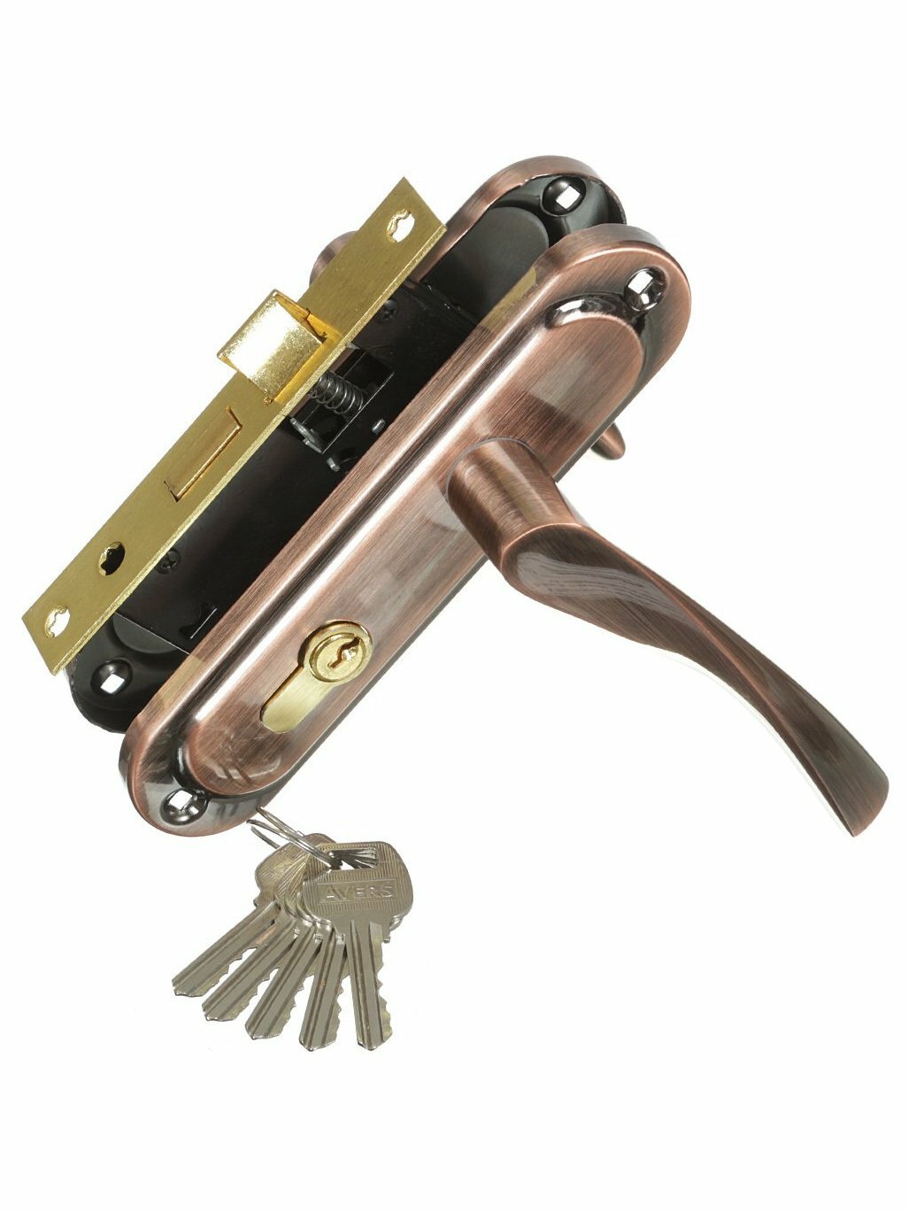 Замок врезной Avers 0823/60-AC, 17201, цилиндровый с ручкой в комплекте, цвет медь, межосевое расстояние 50 мм, 5 ключей.