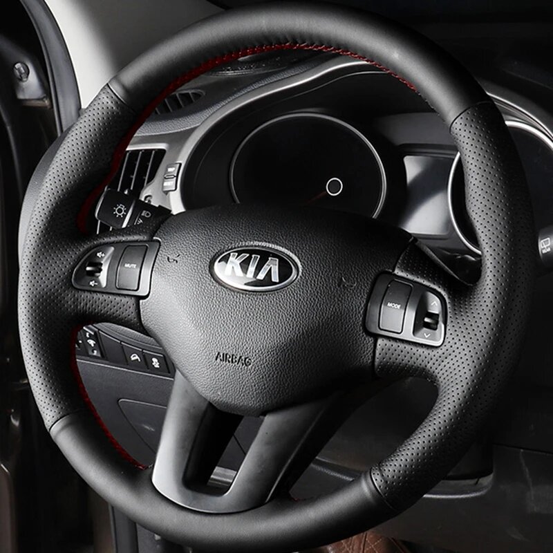Чехол на руль Kia Sportage 3/Ceed 2010-2014, черная кожа, Black Thread