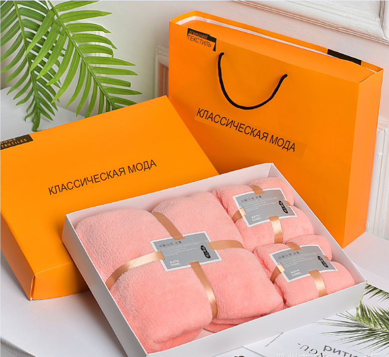 Коралловое флисовое полотенце банное полотенце в подарочной коробке подарочное (75*35, 2шт) + (140*70) розовый