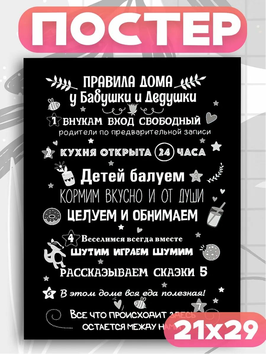 Постер на стену Правила бабушки и дедушки, плакат 1шт, А4 размер.