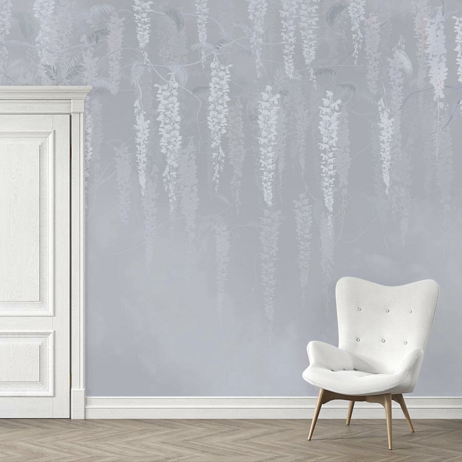 Фотообои Ветки белой глицинии 13-1113-S-Флок 270 x 200 см (ВхШ) Бесшовные, флизелиновые, влагостойкие обои