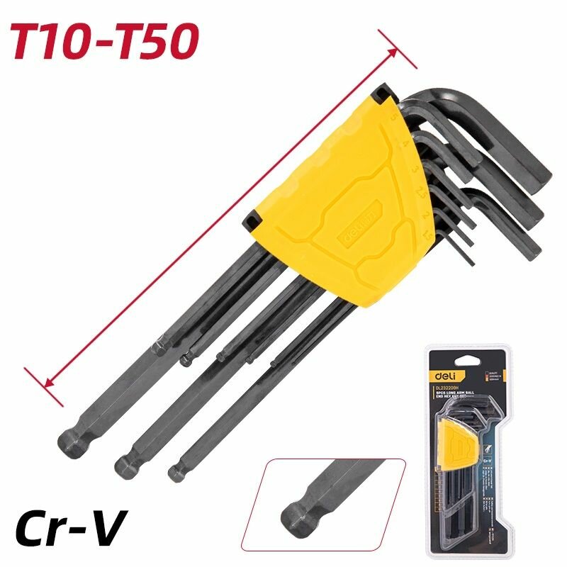 Набор шестигранных ключей "TORX" удлиненных Deli DL234209H 9 шт размеры T10, T15, T20, T25, T27, T30, T40, T45, T50, пластиковый держатель