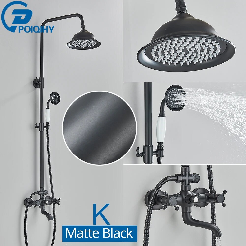 POIQIHY ORB Черный душевой кран для ванной в стене 8" дождевой душ из латунья Комплект для душа Кран смеситель Водопроводной кран для ванны Комплект для душа Двух ручных - Матовый черный K
