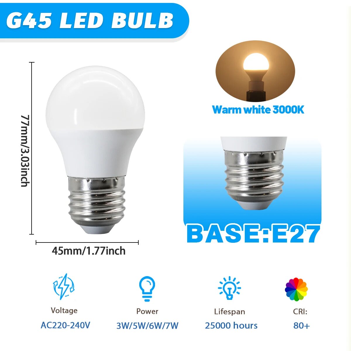 Светодиодная лампа G45 E27 7W 3000K