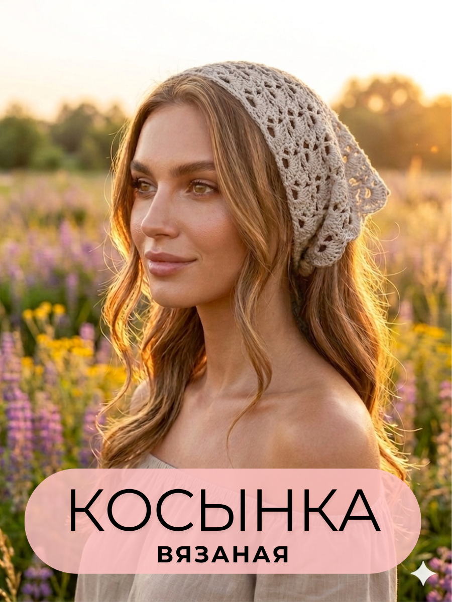 Косынка бандана летняя кружевная вязаная ажурная ручной работы на голову