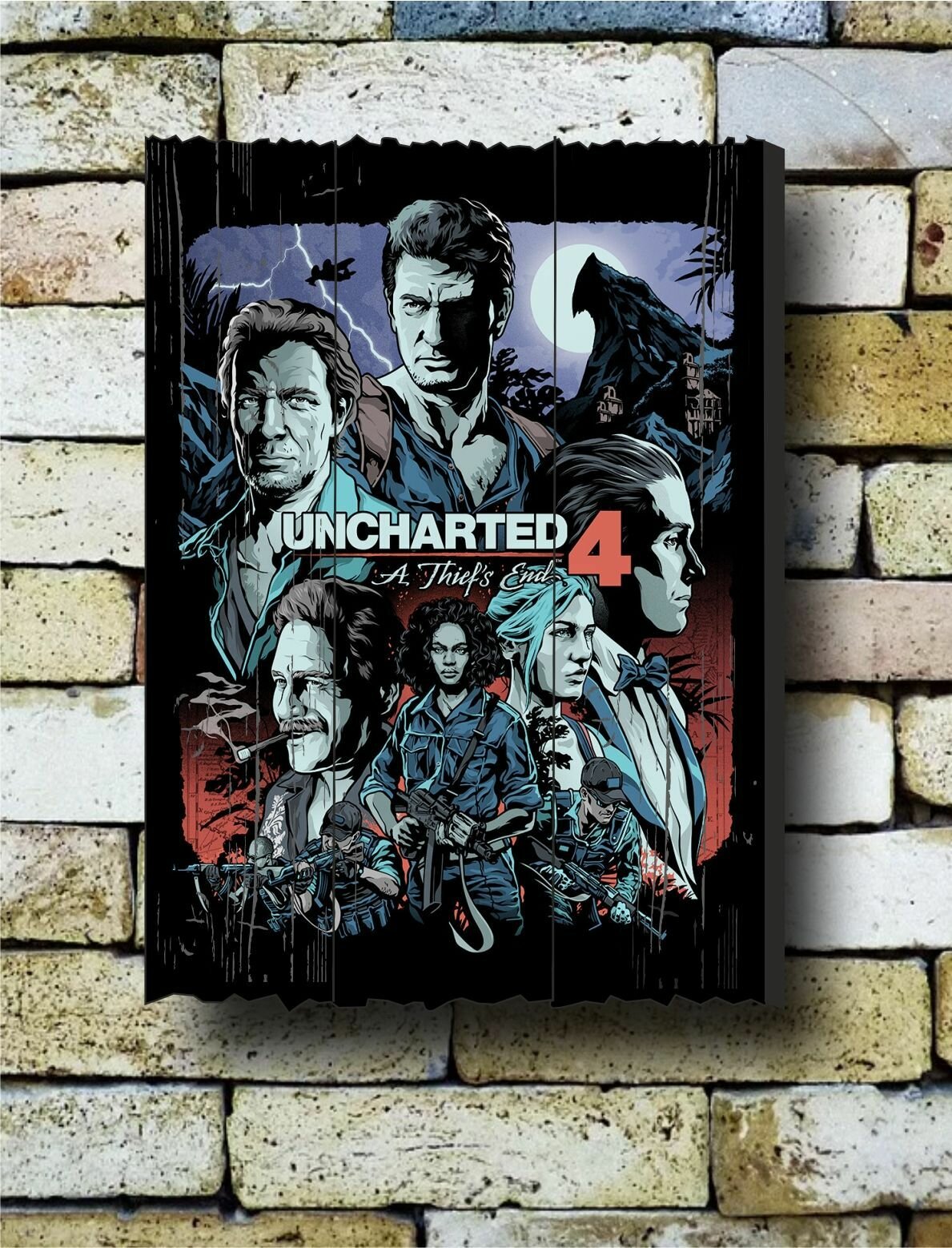 Картина на досках. Uncharted. Персонажи игры компиляция. Ч/б.
