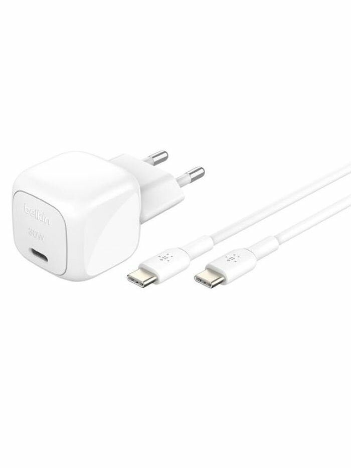 Сетевое зарядное устройство Belkin Wall Charger BoostCharge USB-C 30W с кабелем USB-C/USB-C PD. Длина кабеля: 1м, белый