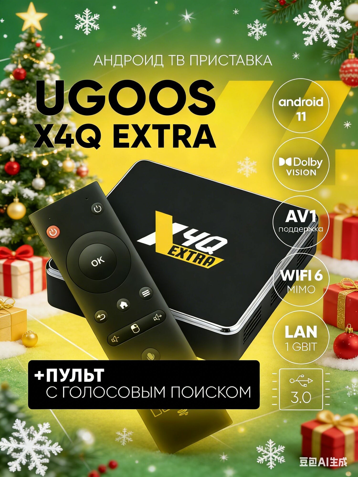 ТВ-приставка Ugoos X4Q Extra Amlogic S905X4-J 4/128Гб/ Медиаплеер 4К, 2.4/5ГГц, BT5.0, 1000M, 4K. DVD-плеер