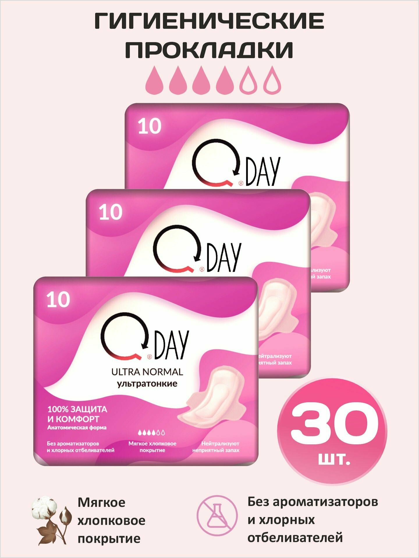 Прокладки женские гигиенические Qday Ultra Normal, 30 шт, 3 упаковки по 10 шт ultra normal 30 штук