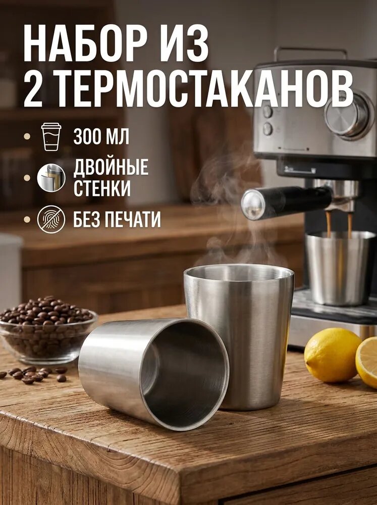 Стакан с двойными стенками "Никакой печати" 300 мл 2 шт серый металлик