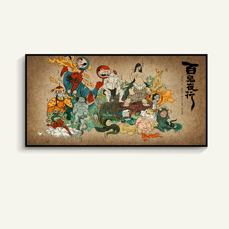 Картина 'Yokai Night Parade' на холсте с текстурной поверхностью и экологичной рамкой, черный, 80x40 см