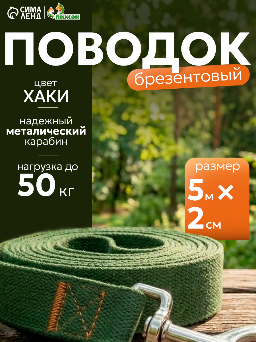 Поводок Пижон, брезент, металл, для дрессировки, 5м х 2 см, зеленый