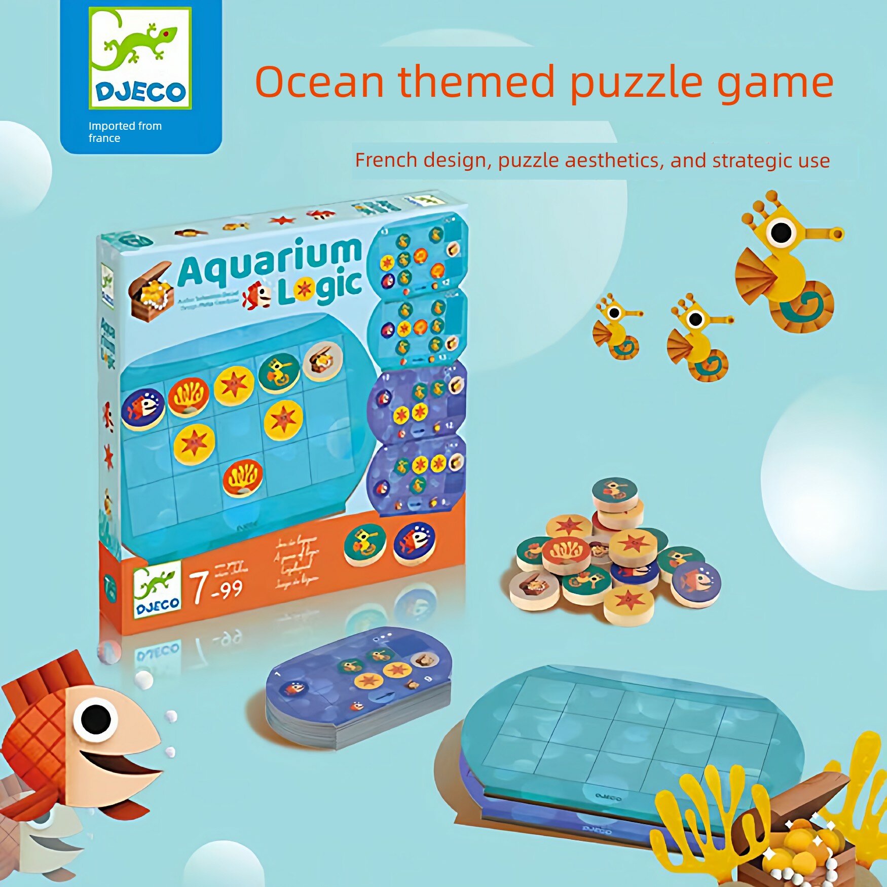DJECO Логическая аквариумная настольная игра для детей 3-6 лет, обучающий игровой набор