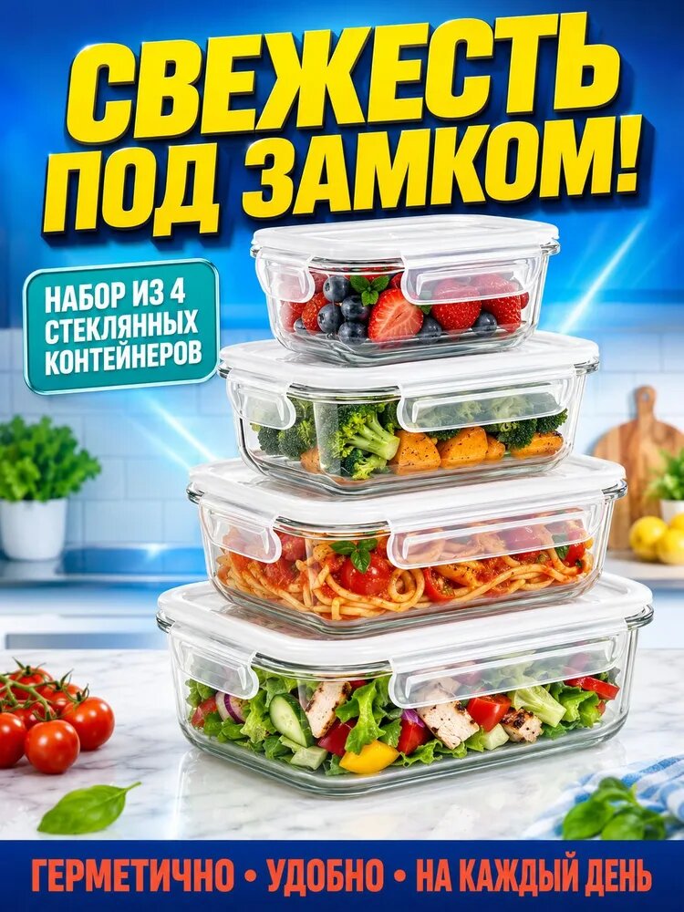 Контейнер пищевой 370 мл, 660 мл, 1050 мл, 1500 мл 4 шт стекло
