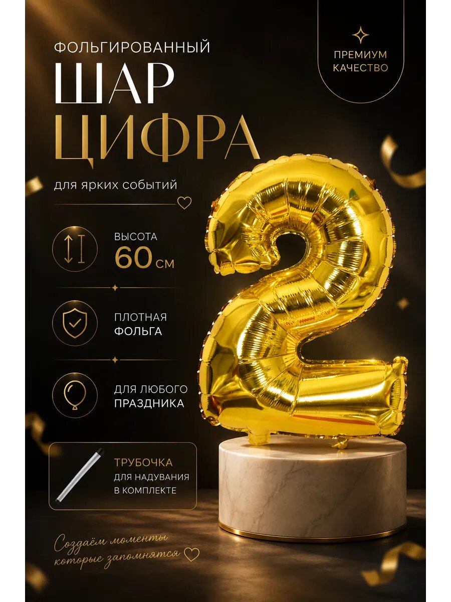 Воздушные шарики фольгированные 60 см цифра 2