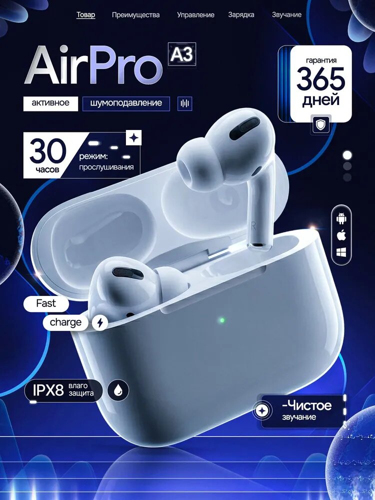 Беспроводные наушники Pro A3 / Гарнитура Pro / Наушники беспроводные / Bluetooth наушники TWS Headphones Блютуз наушники