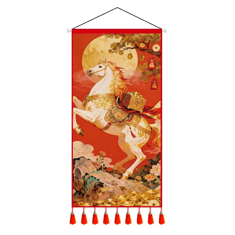 Китайская картина на стену с мотивом лошади, 30см x 60см, 3 бахромы, декор для небольшого пространства