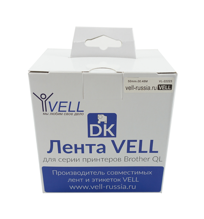 Лента Vell VL-B-DK 22223 (Brother DK22223), 50 мм х 30.5 м, черный на белом {VL-22223} (1 шт)