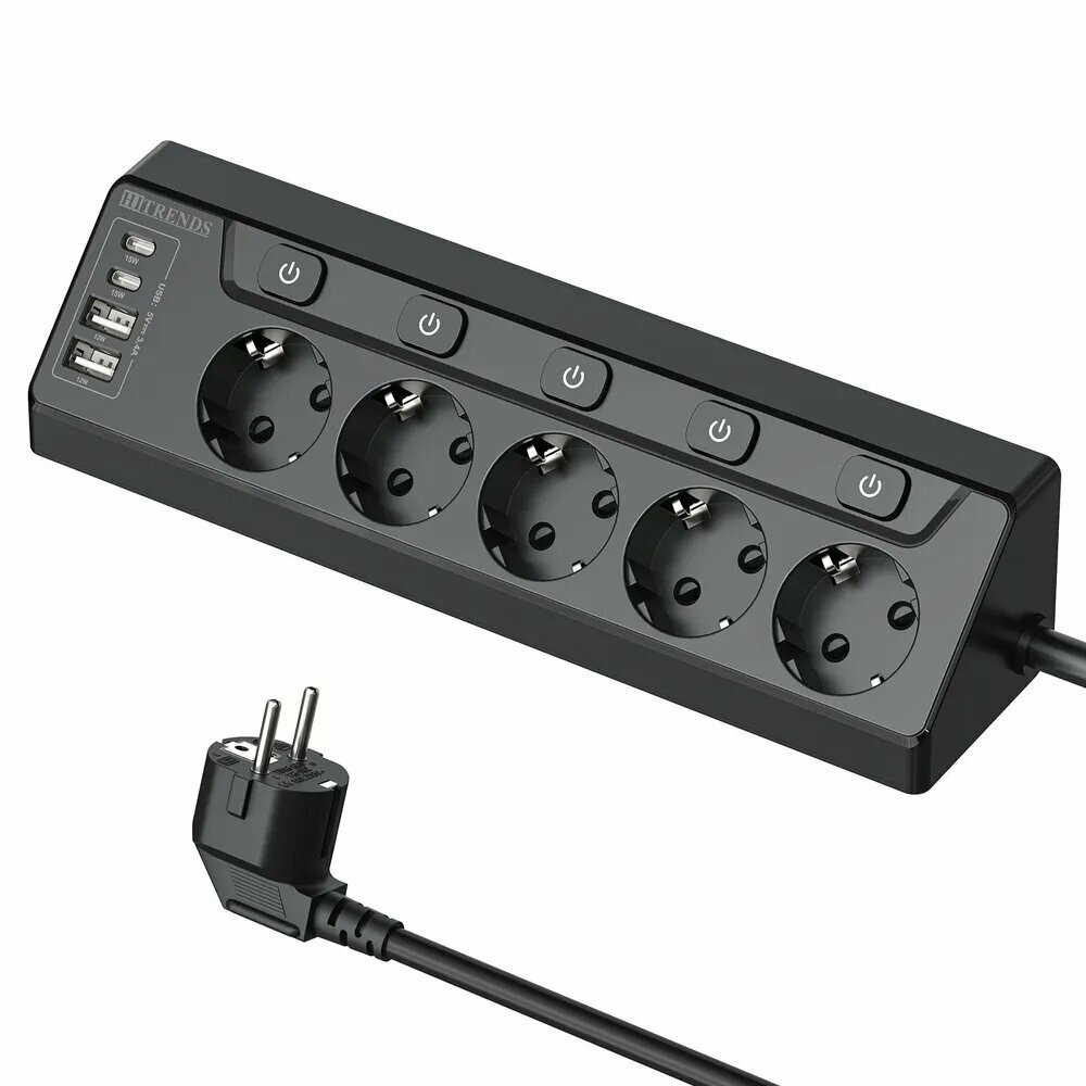 HITRENDS Удлинитель с 5 розетками и 2 USB + 2 Type-C (быстрая зарядка), индивидуальные выключатели, защита от перегрузки, 4000W 16A 250V, огнестойкий и пылезащитный