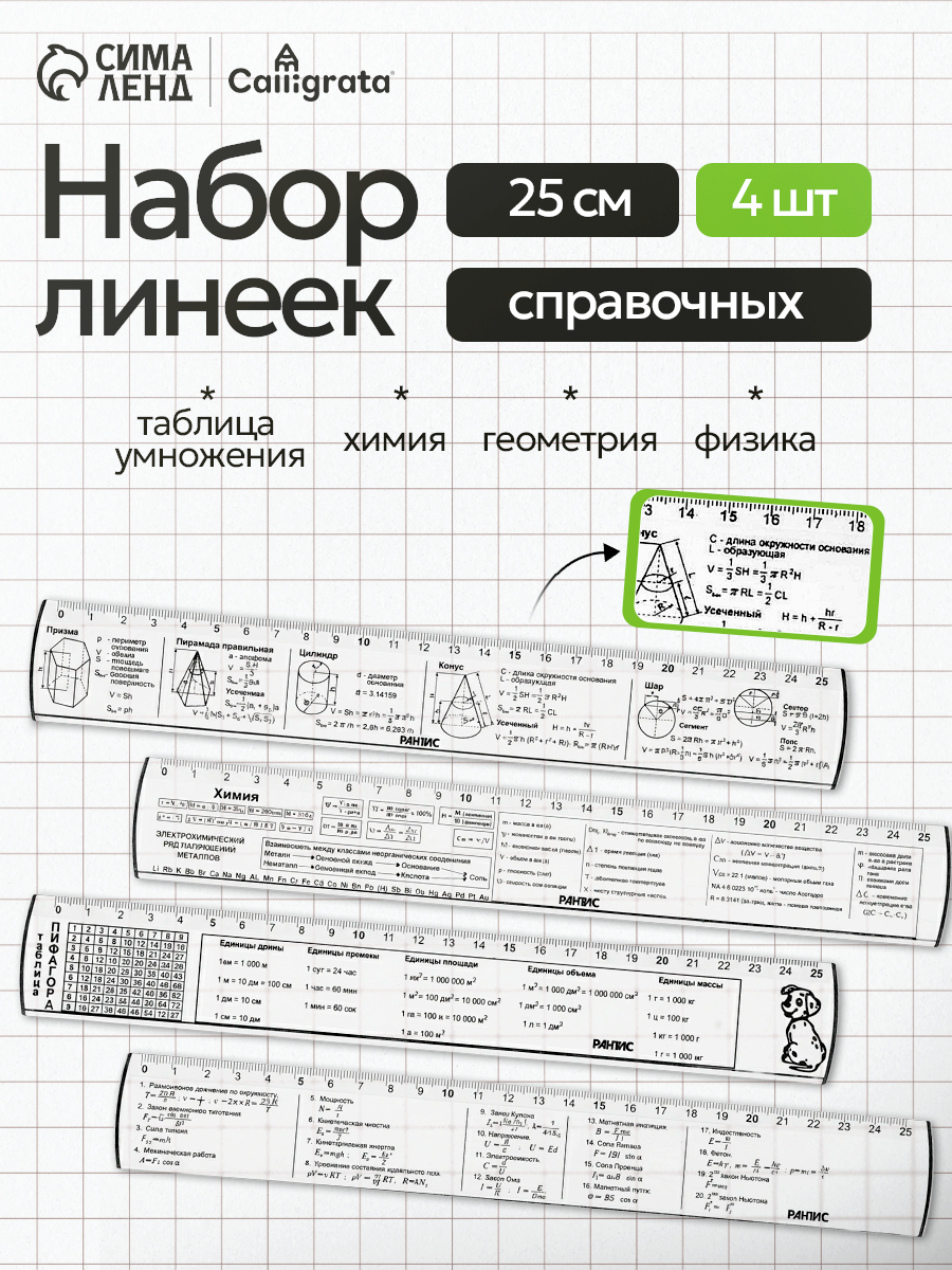 Набор справочных линеек 4 штуки, Calligrata 25 см, прозрачные, таблица умножения, химия, геометрия, физика