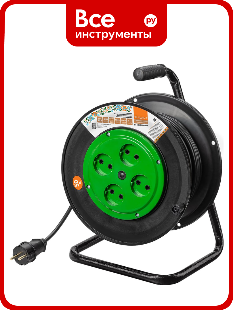 Удлинитель на катушке силовой TDM ELECTRIC народный 4 гнезда ПВС б/з, 50м 3500 Вт, для профессионалов