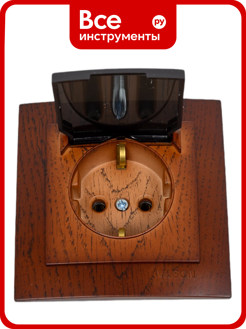 Розетка NILSON 1-местная с крышкой орех Touran wood, силовая, встраиваемая, IP20, 16А, 250В, квадратная, в комплекте