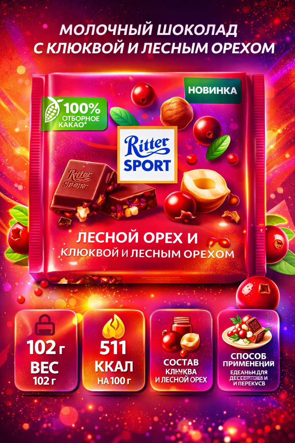 RITTER SPORT молочный шоколад с клюквой и лесным орехом, 100 г