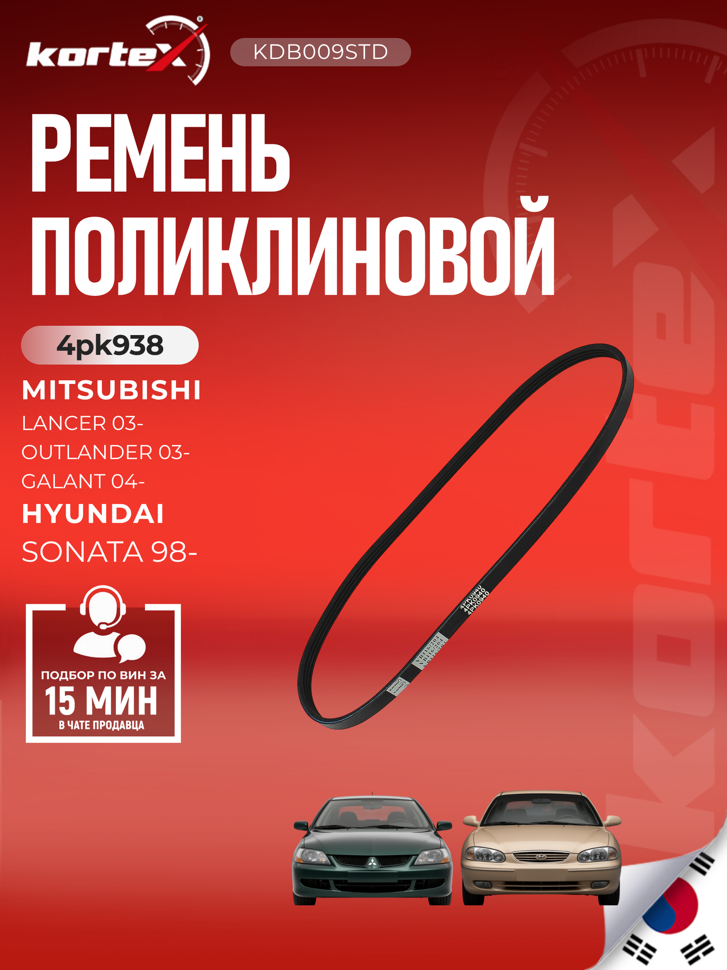 Ремень поликлиновой 4PK938 Chery Чери Tiggo T11; Hyundai Хендай Sonata Соната IV; Kia Киа Cerato Церато I 4PK938 SMD326780