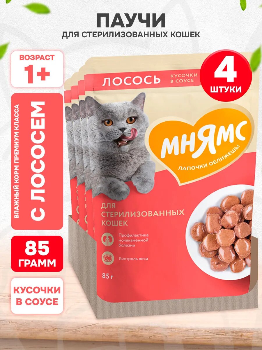 Корм влажный Мнямс для взрослых кастрированных котов и стерилизованных кошек, лосось в соусе, 85 гр х 4 шт
