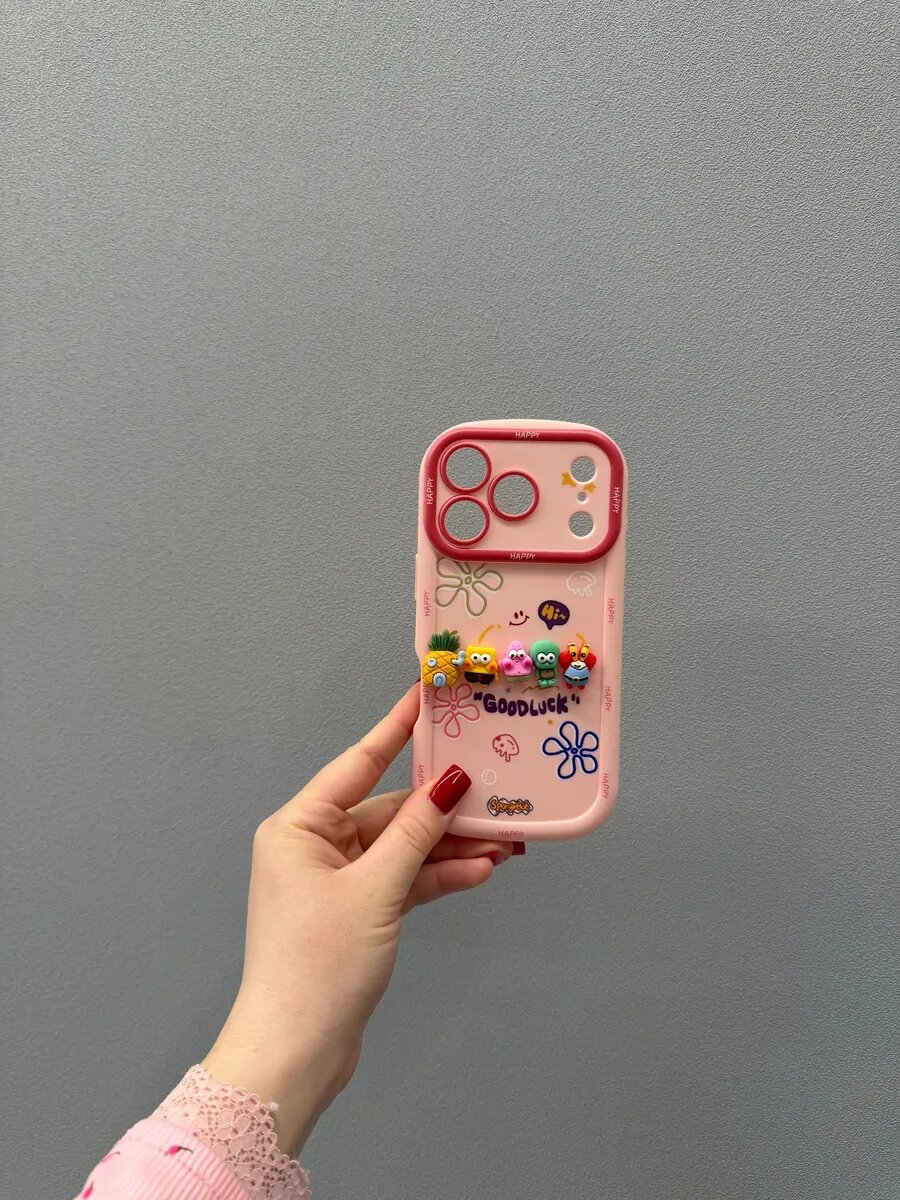Чехол на Iphone 17 Pro, цвет розовый , с крепко приклеенными фигурками . — фото 1